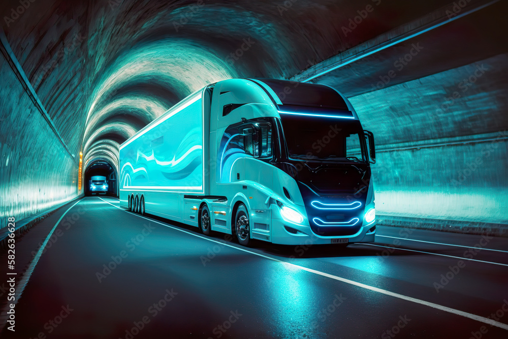 The lorry bus, the electric car of the future, travels in the tunnel in ...