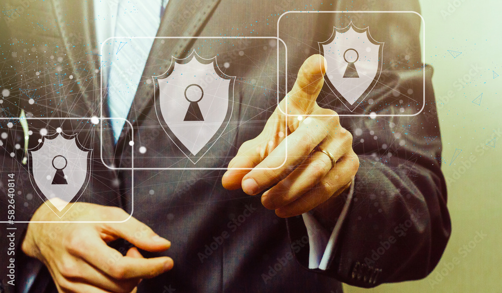 Businessman using shield protect icon, virtual screen interface, data ...