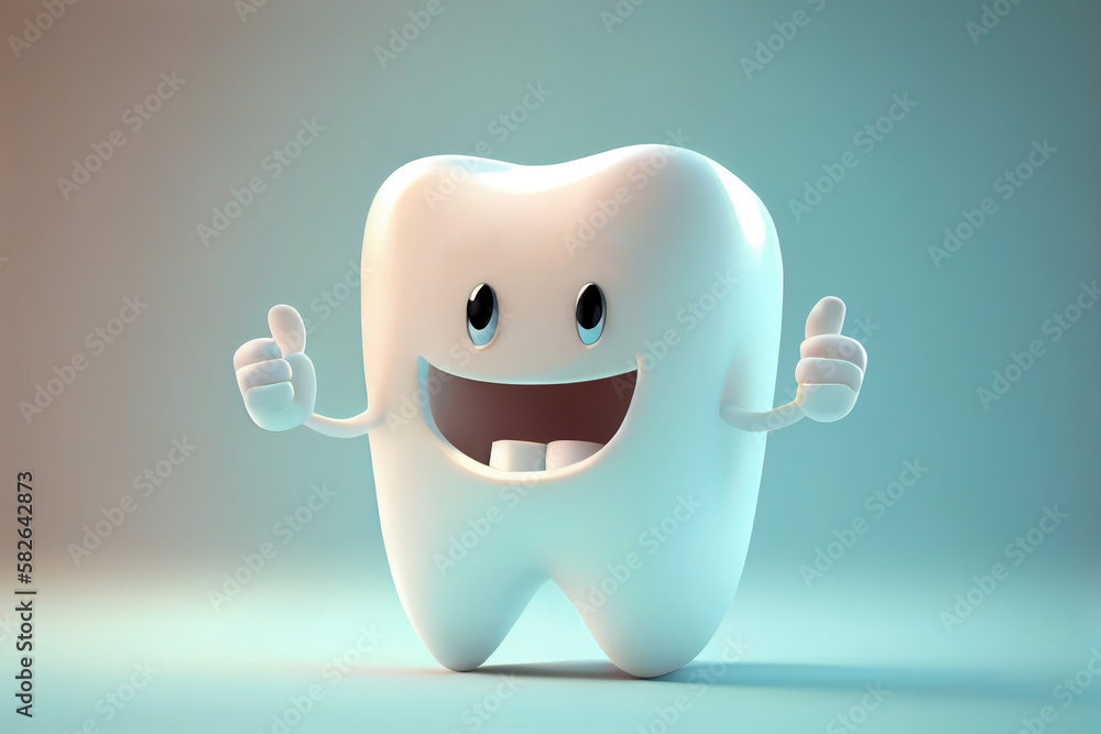 3D happy white tooth cartoon characters with thumbs up on bright ...
