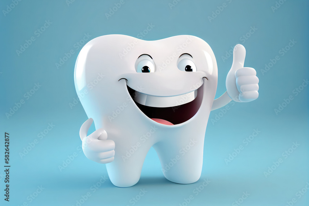 3D happy white tooth cartoon characters with thumbs up on bright ...