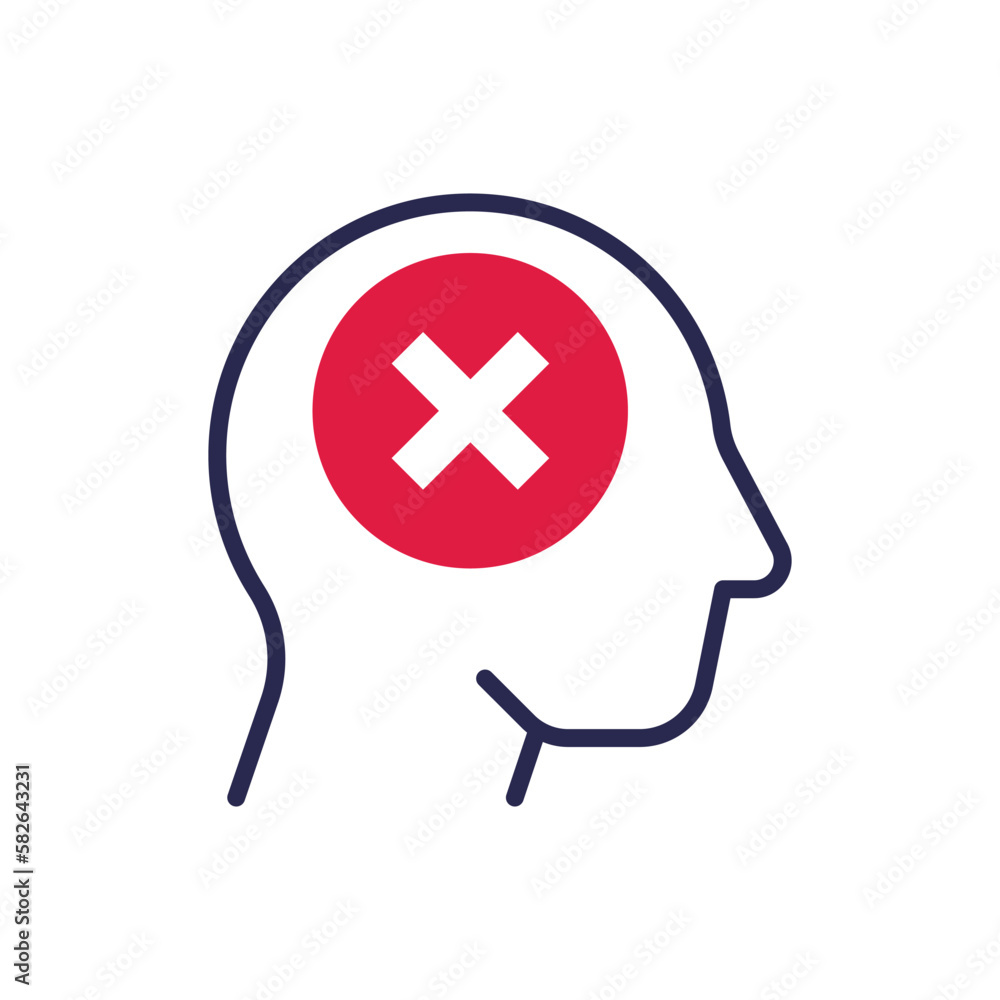 Idea rejected: man with cross mark in head. Thin line icon. Negative ...