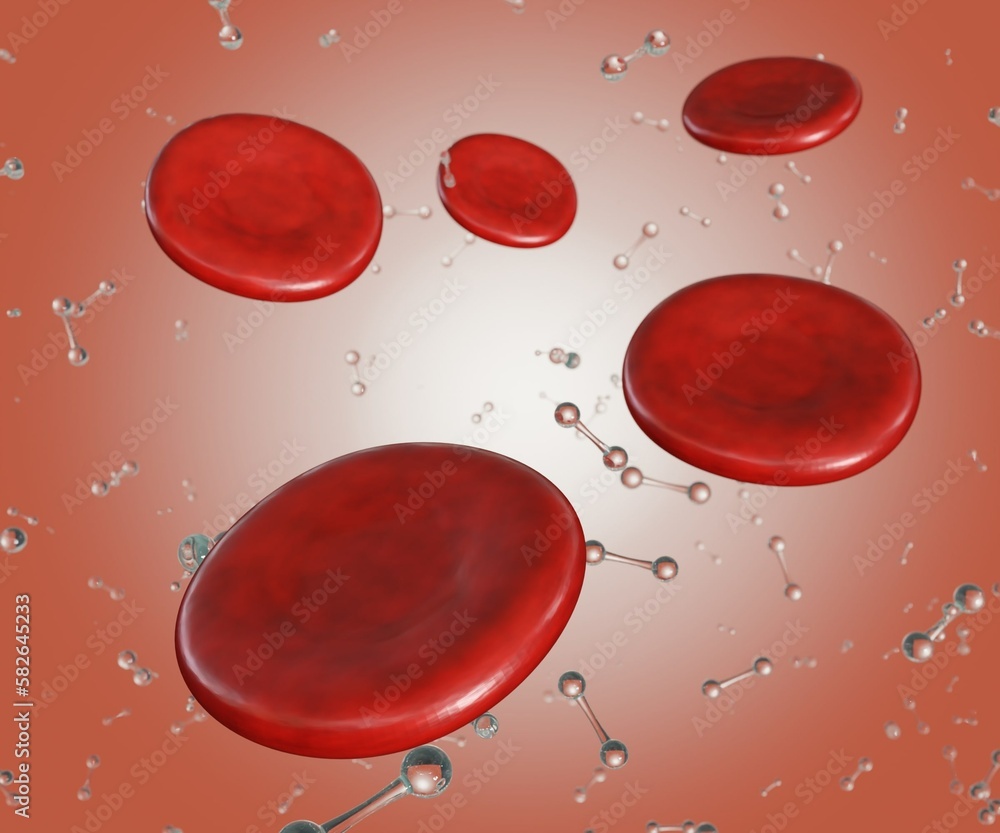 Red blood cells with oxygen molecules. Respiration exchange oxygen ...