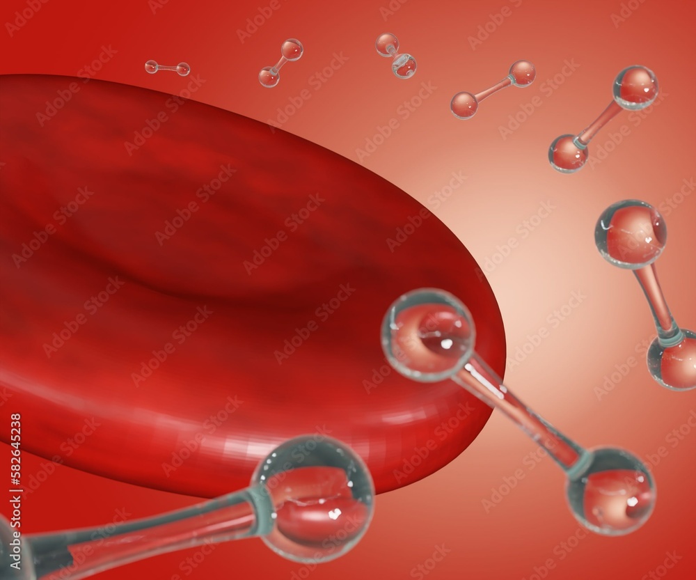 ภาพประกอบสต็อก Red blood cells with oxygen molecules. Respiration ...