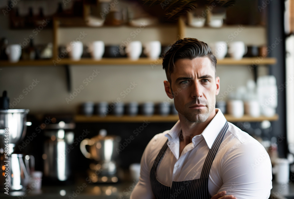 Waiter posing in a bar. In front of the cafe-bar. generate by ai ...