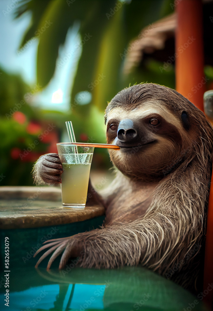 A sloth holding a glass of cocktail while relaxing on a tropical resort ...