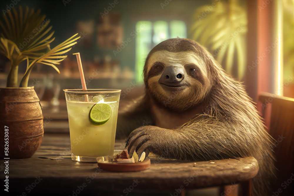 A sloth holding a glass of cocktail while relaxing on a tropical resort ...