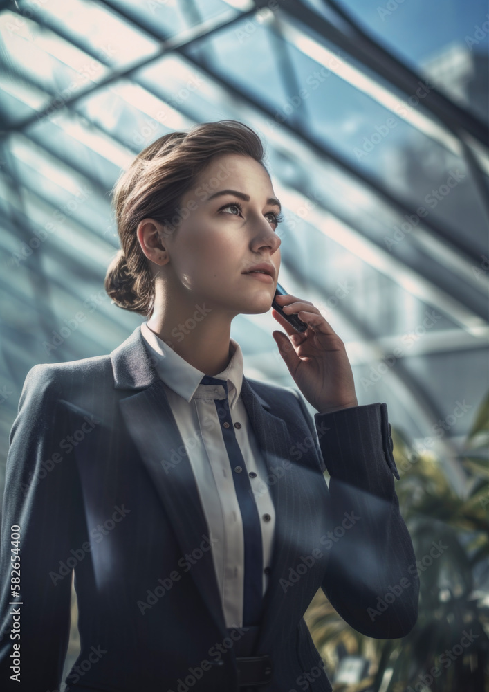 Business situation visualized with a female CEO in a big city outdoor ...