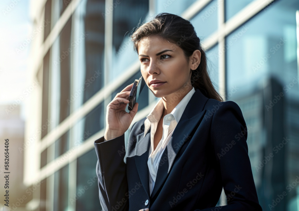 Business situation visualized with a female CEO in a big city outdoor ...