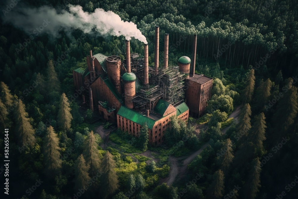 Dirty factory with smoking chimneys in the middle of a green forest ...