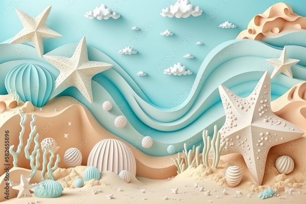 3D beach scene background with starfish and seashells. Plasticine clay ...