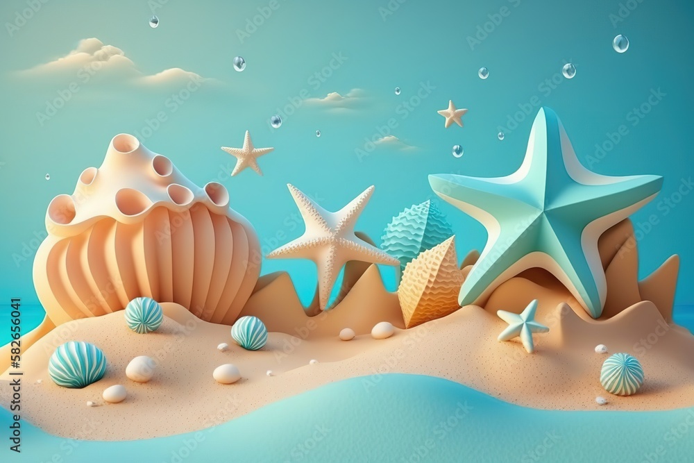3D beach scene background with starfish and seashells. Plasticine clay ...