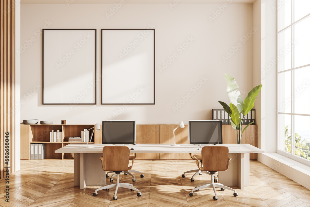 Light business interior with pc computers and panoramic window. Mockup ...