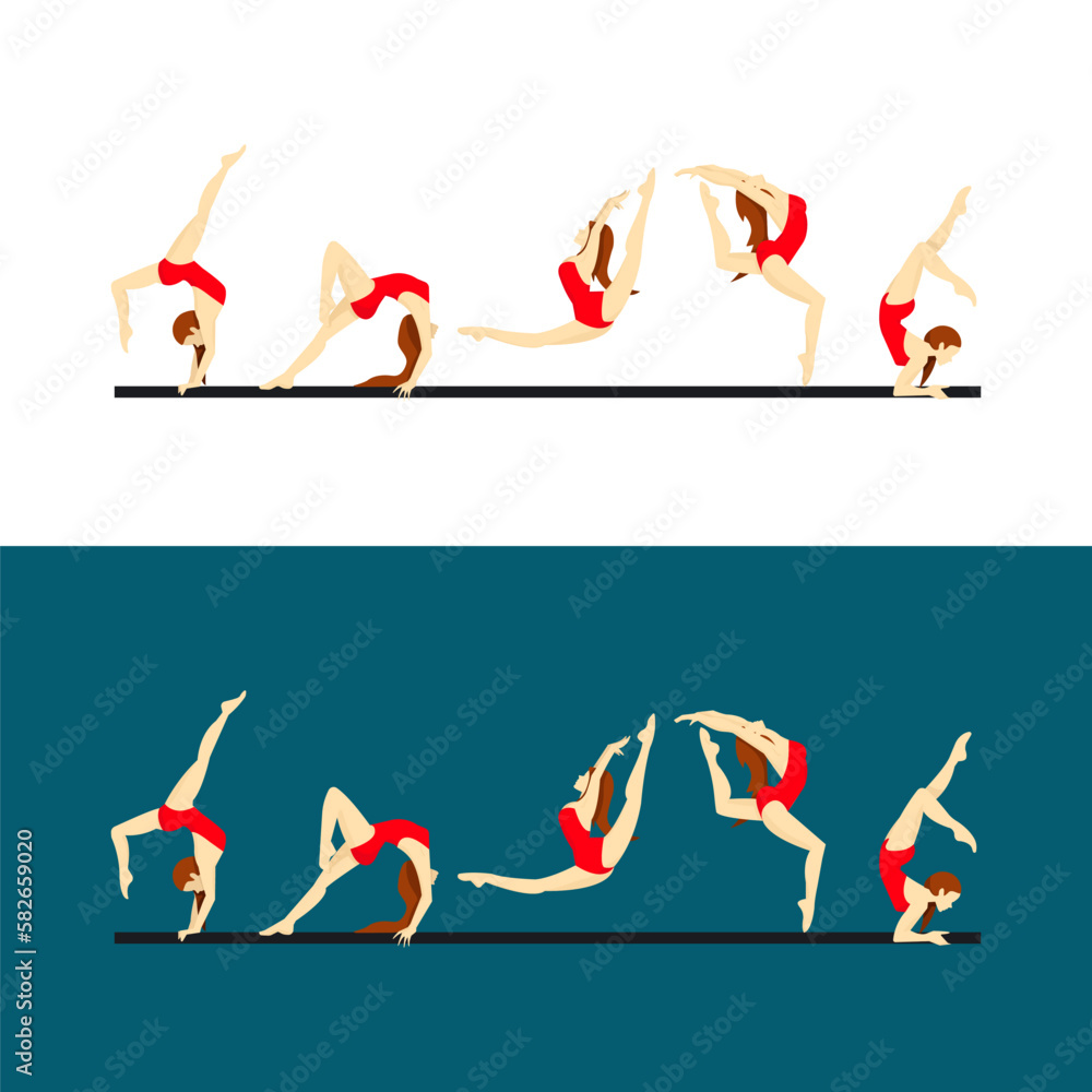 Set of gymnast poses. Young girl making an exercise for a gymnastics ...