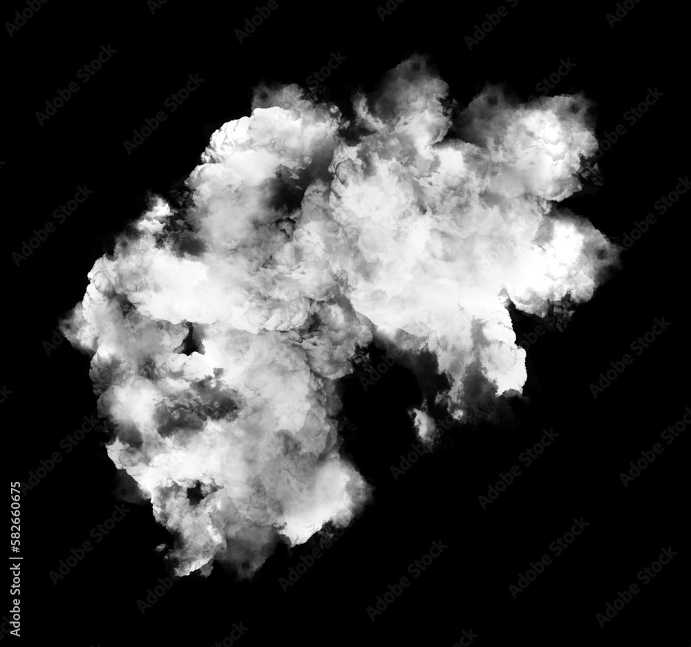 Abstract white puffs of smoke swirl overlay on black background ...