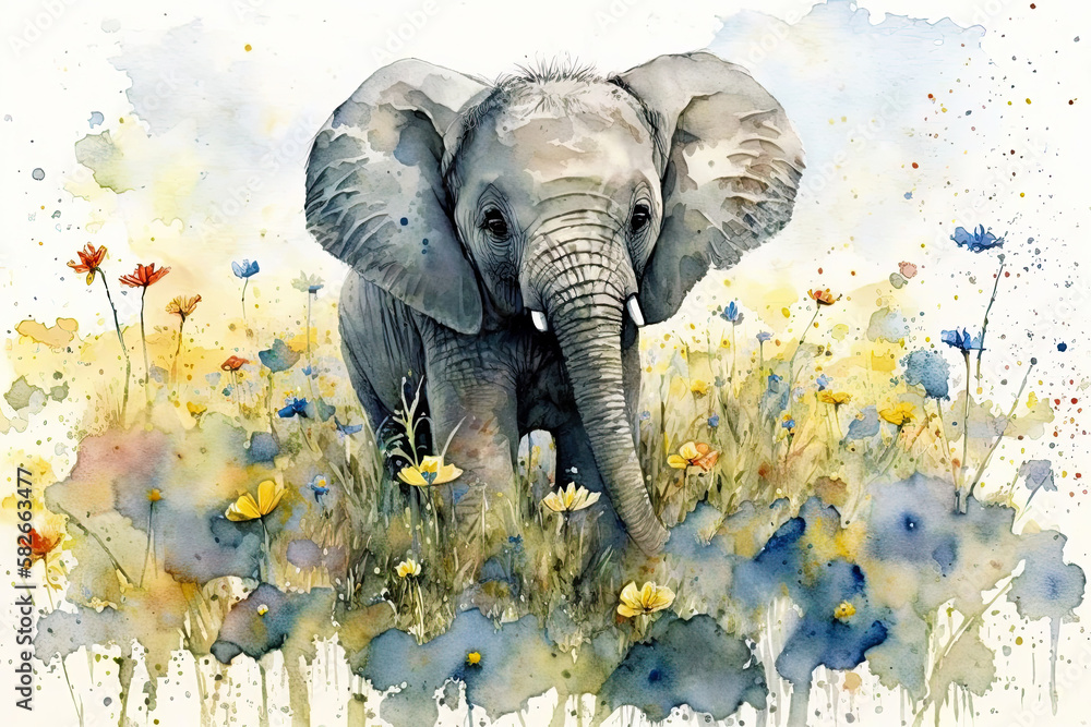 Elephant Watercolor Poster, Print Watercolor Baby Elephant. Generative