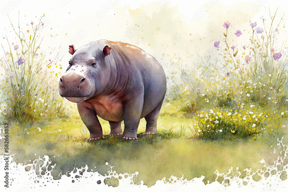 Watercolor painting of a cute baby hippo on a blooming meadow. Baby ...