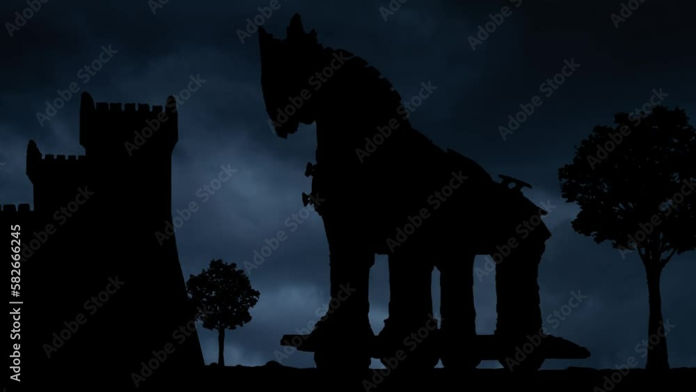 Lightning and Thunderstorm flash over the Trojan Horse, the Symbol of ...