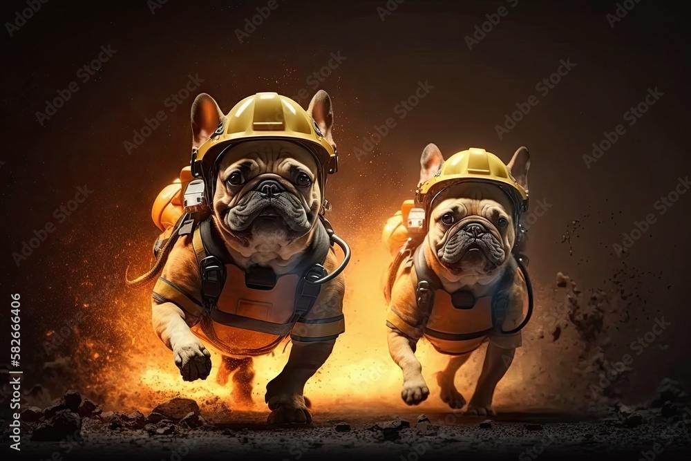 French Bulldog dog breed dressed in a firefighter uniform ready for ...
