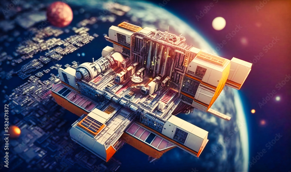 A space station with 1950s sci-fi aesthetics, vintage computers, and ...
