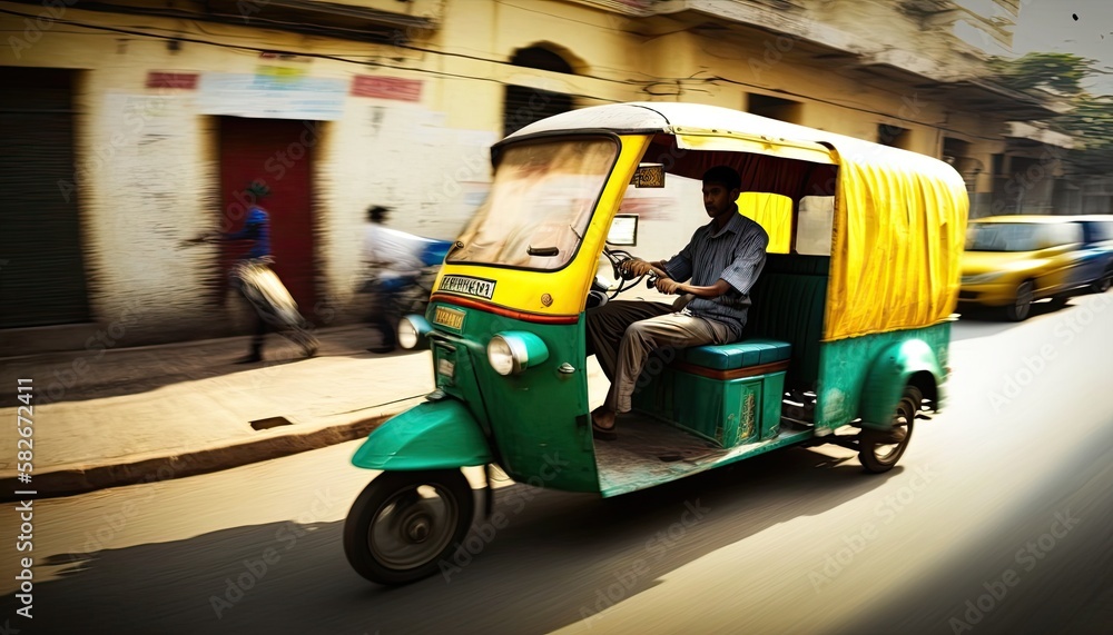 Auto rickshaw drives asian customer on indian street motion blur, tuk ...