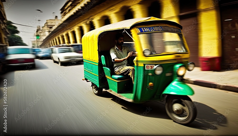 Auto rickshaw drives asian customer on indian street motion blur, tuk ...
