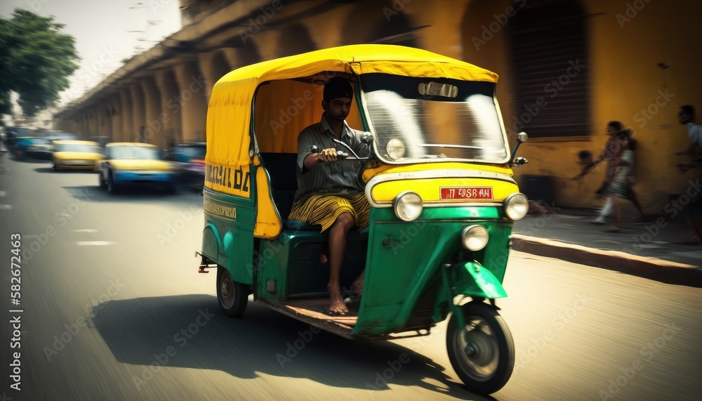 Auto rickshaw drives asian customer on indian street motion blur, tuk ...