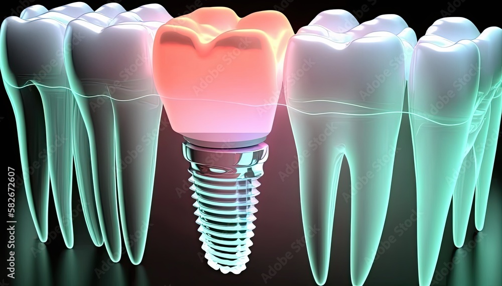 Dental implant in tooth row jaw colorful neon glowing, dental ...