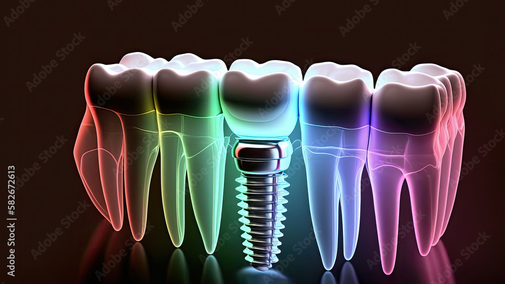 Dental implant in tooth row jaw colorful neon glowing, dental ...
