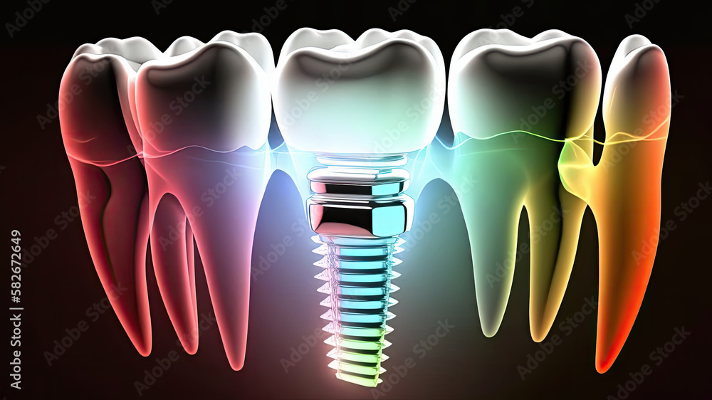 Dental implant in tooth row jaw colorful neon glowing, dental ...