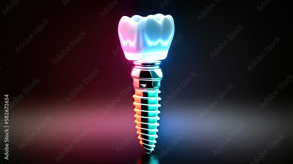 One single dental implant in tooth row jaw colorful neon glowing ...