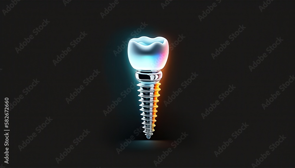 One single dental implant in tooth row jaw colorful neon glowing ...