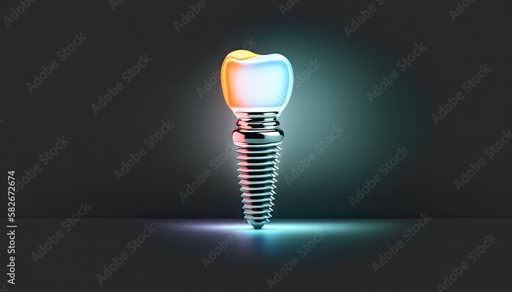One single dental implant in tooth row jaw colorful neon glowing ...