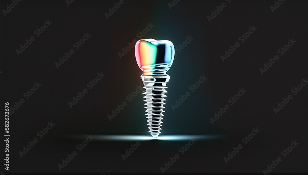 One single dental implant in tooth row jaw colorful neon glowing ...