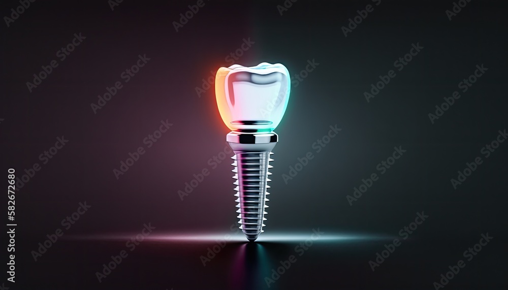 One single dental implant in tooth row jaw colorful neon glowing ...