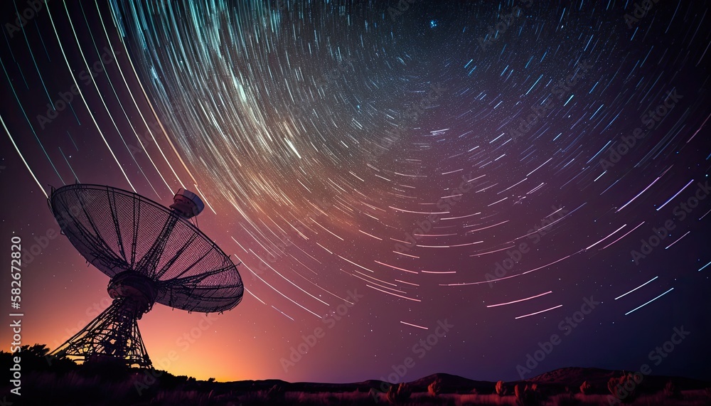 Radio telescope antenna radio receiver on beautiful night sky with star ...