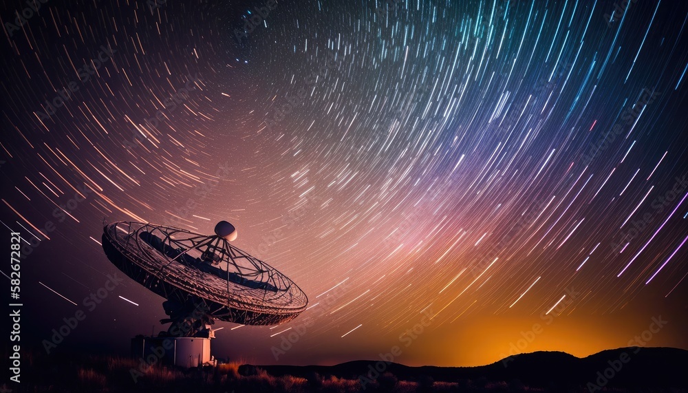 Radio telescope antenna radio receiver on beautiful night sky with star ...