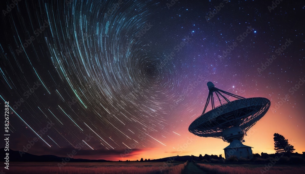 Radio telescope antenna radio receiver on beautiful night sky with star ...