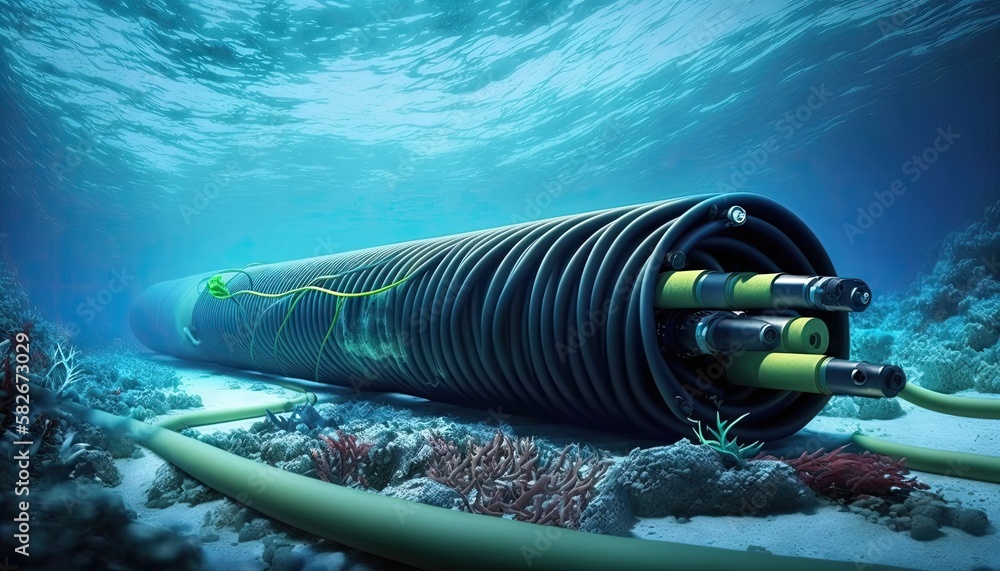 Damaged submarine communications cable on sea bed, full telecom and ...