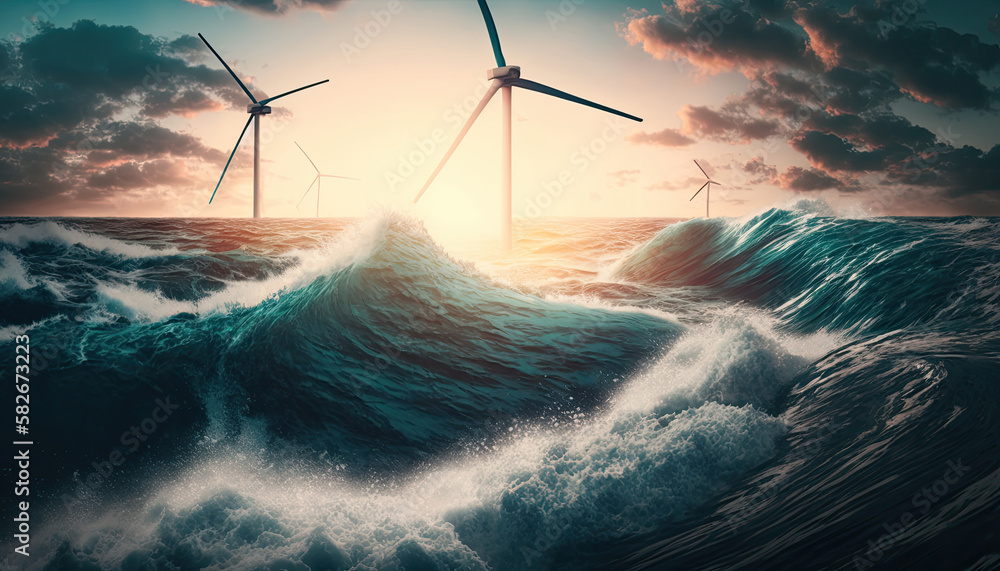 Offshore wind power energy generation with wind farm in sea, beautiful ...