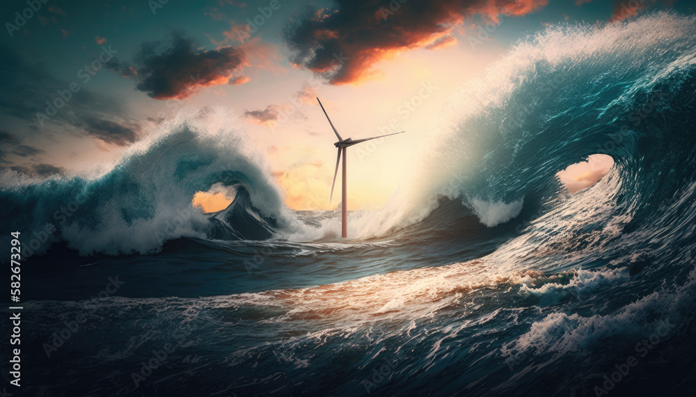 Offshore wind power energy generation with wind farm in sea, beautiful ...