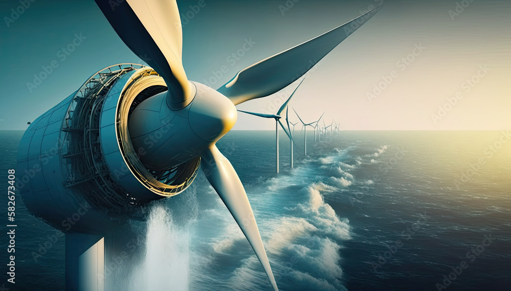 Offshore wind power energy generation with wind farm in sea, beautiful ...