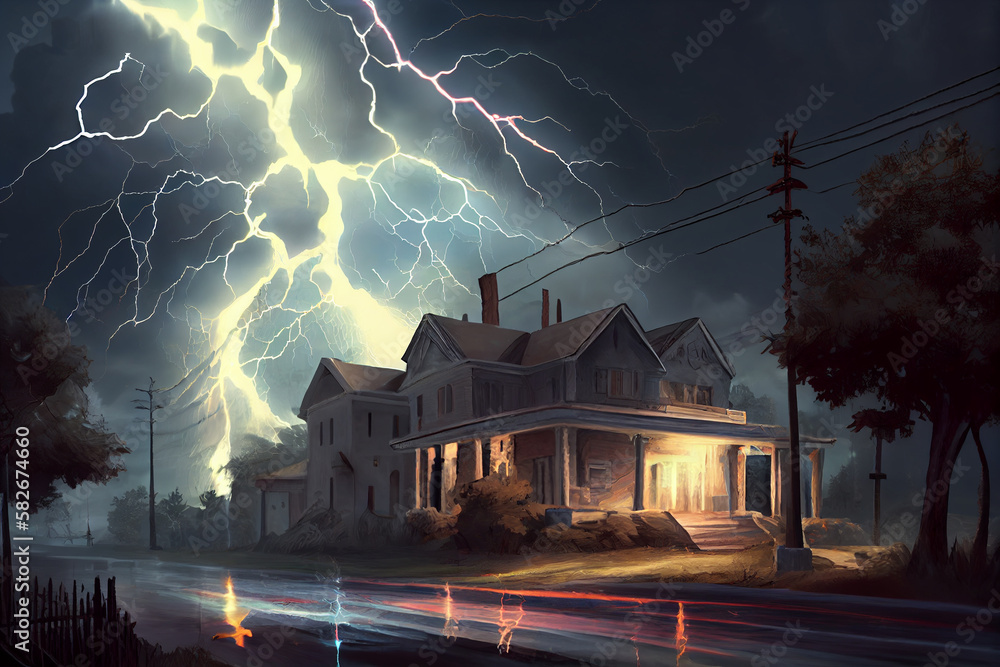 Storm with lightning over the building. AI generated Stock Illustration ...