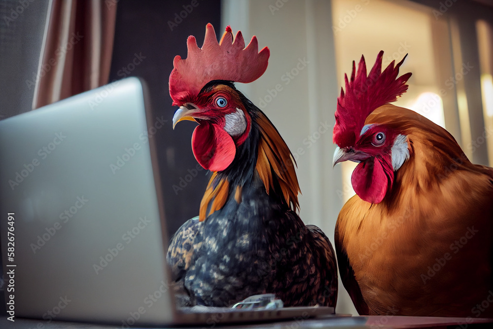 Chickens staring at a laptop screen. AI generated. Stock Illustration ...