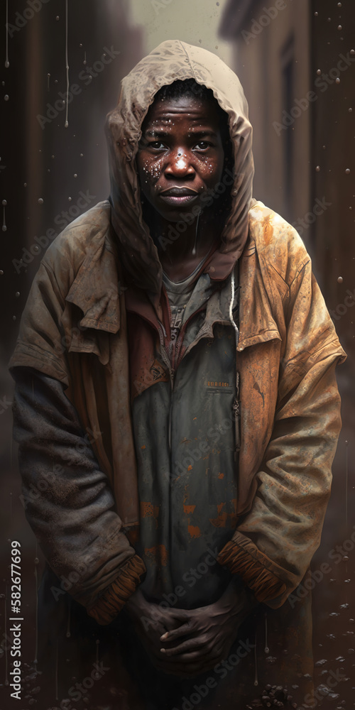 Portrait of very poor African American person. Extreme poverty concept ...