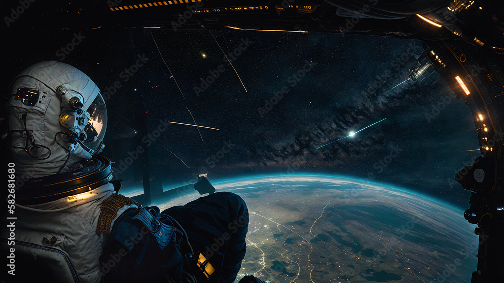 back view of astronaut in space suits sitting in cockpit of space ship ...