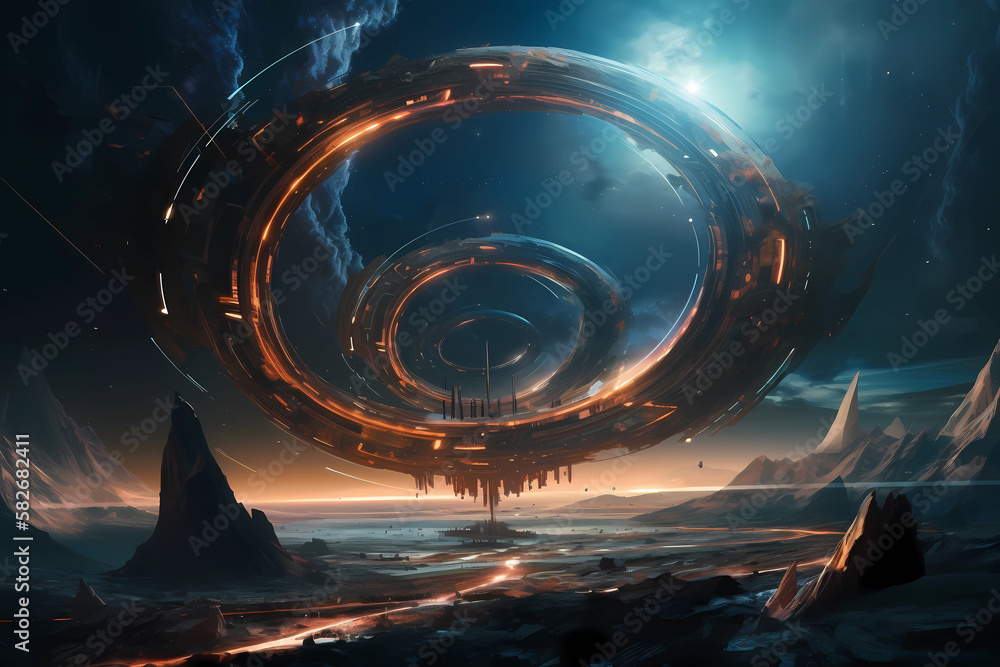 massive orbital ring system constructed around a planet. digital art ...