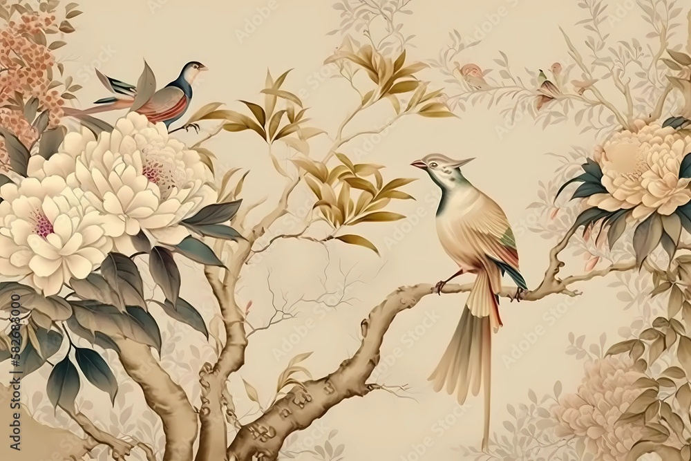 Beautiful pattern of tree with flowers and birds in chinese style ...