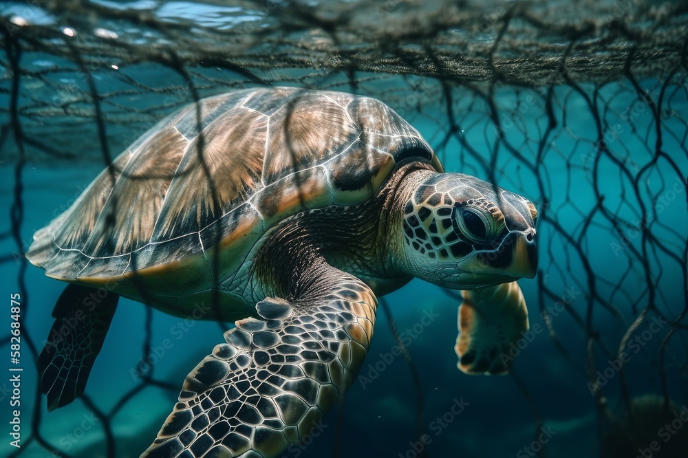 AI illustration of a turtle caught with fishing net. The concept of ...