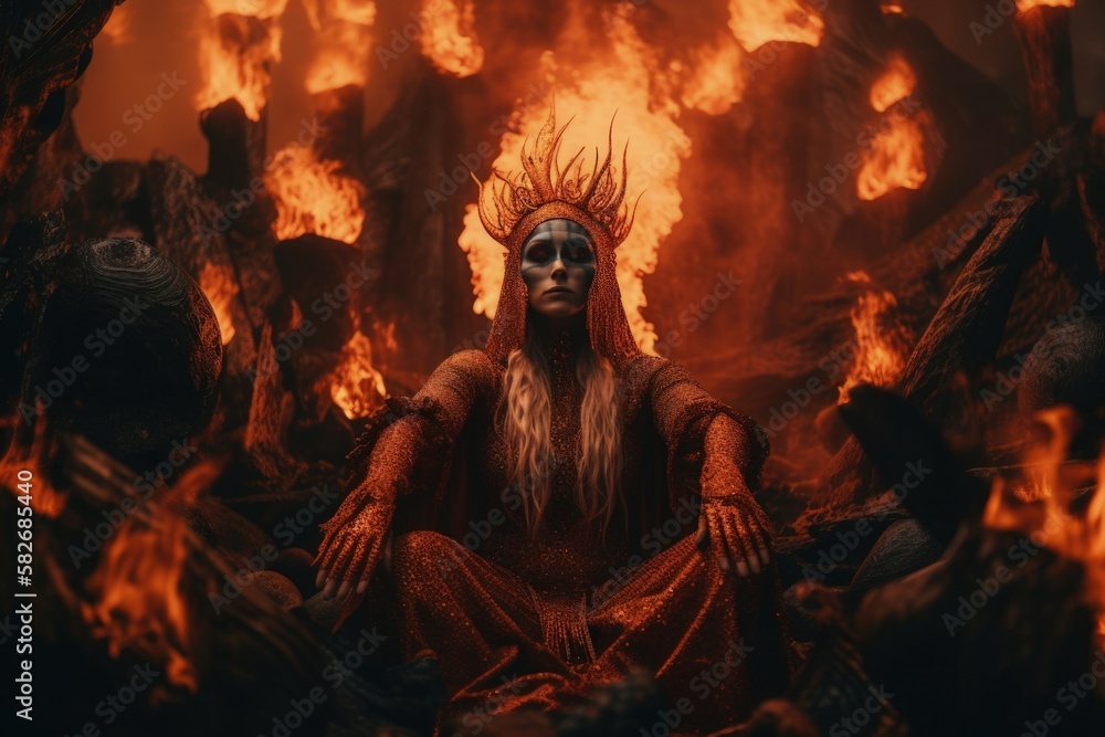 Captivating fire witch queen on throne amid inferno. Exudes strength ...