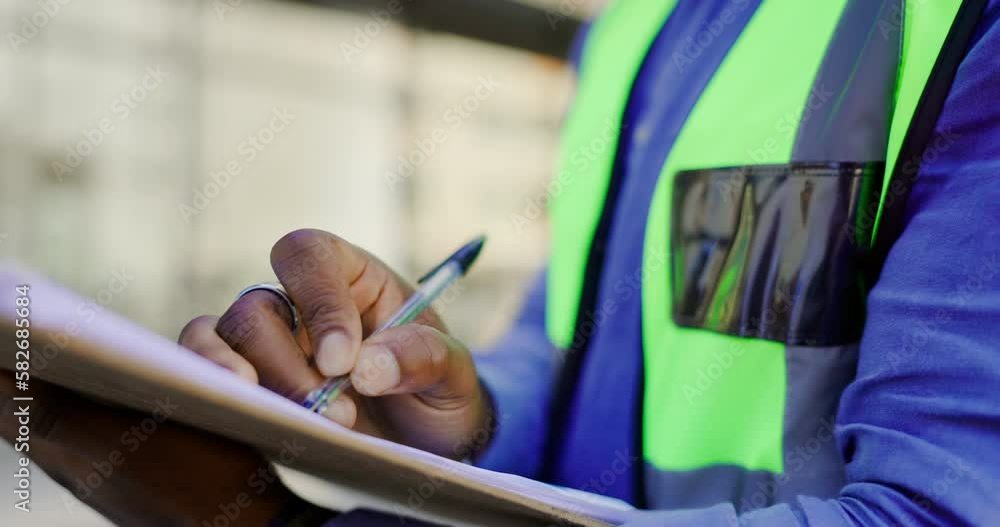 Checklist and man hands, construction worker or building contractor in ...